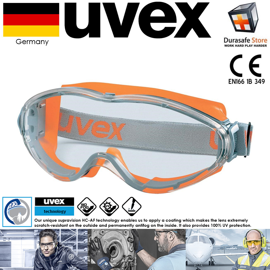 UVEX 9302245 Ultrasonic Wide Vision Safety Goggle Orange Frame Clear Supravision HC-AF Len ...
